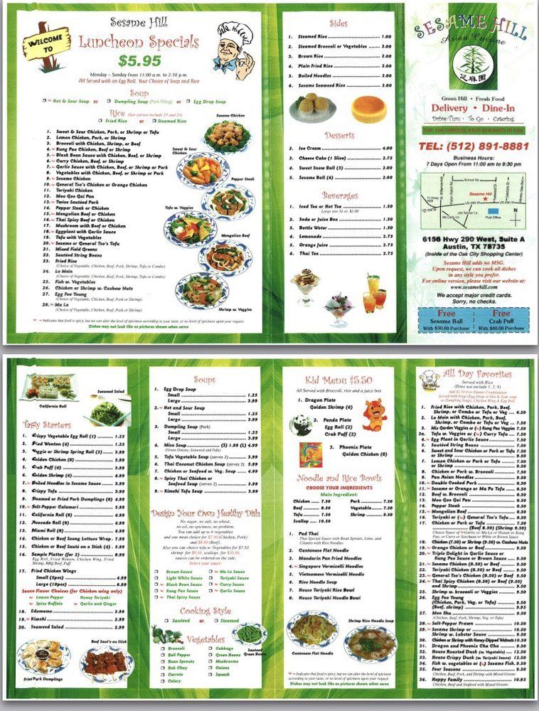 Menu at Sesame Hill restaurant, Austin