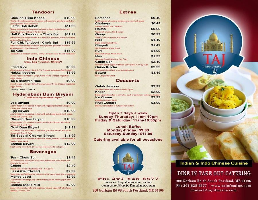 Menu at Taj Indian Cuisine restaurant, South Portland