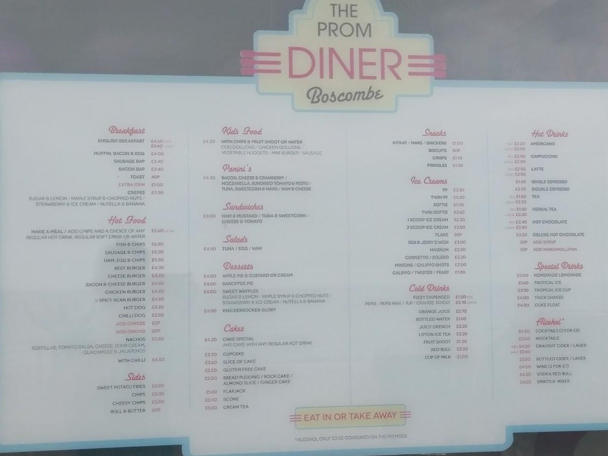 Menu at The Prom Diner cafe, Bournemouth