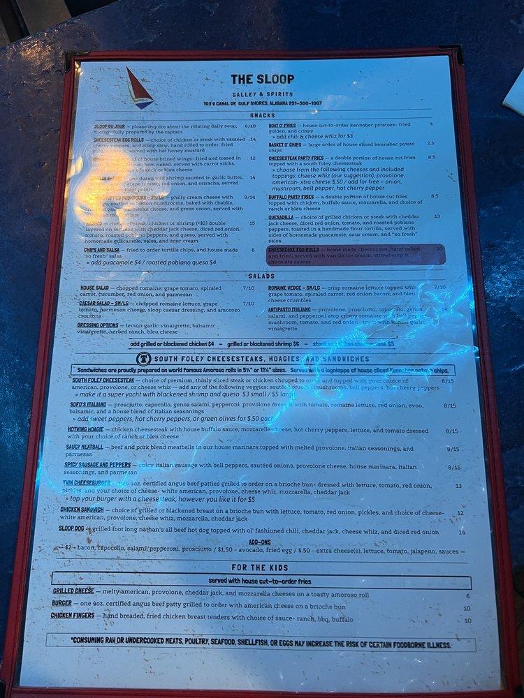 Menu at The Sloop pub & bar, Gulf Shores