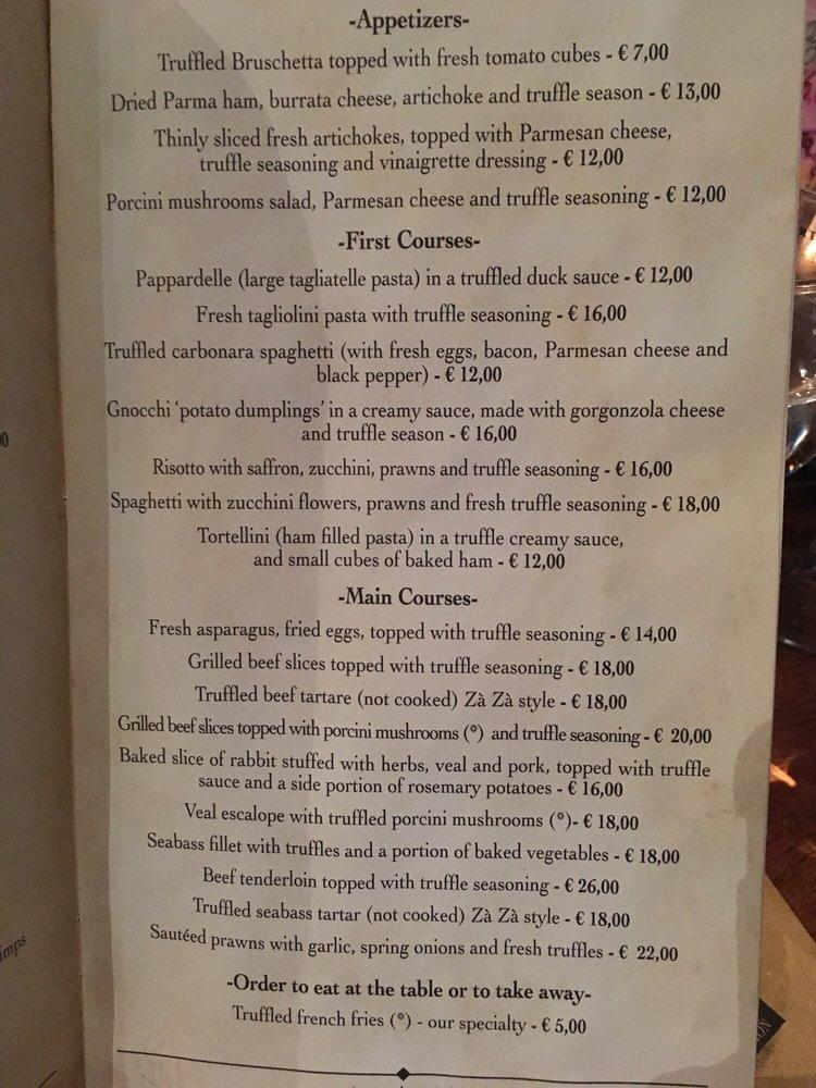 Menu at Trattoria Zà Zà restaurant, Florence