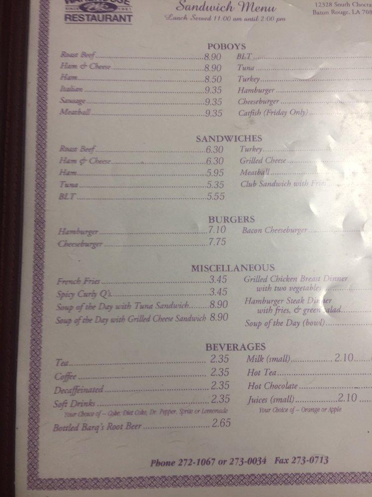 Menu at Warehouse Restaurant, Baton Rouge