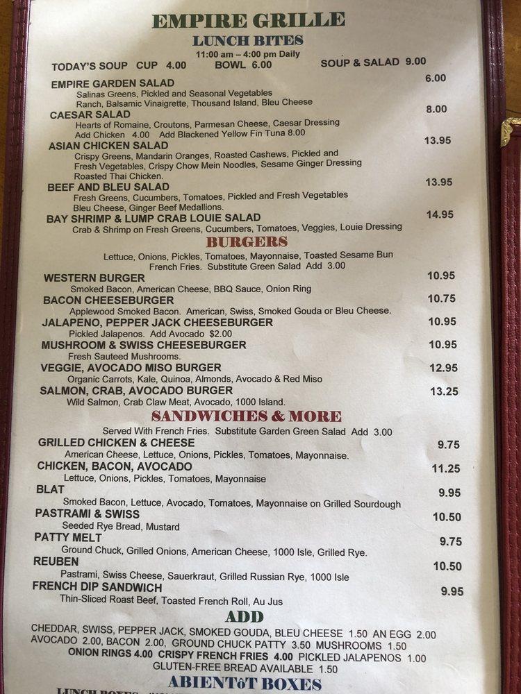 Menu at Empire Grille pub & bar, Felton