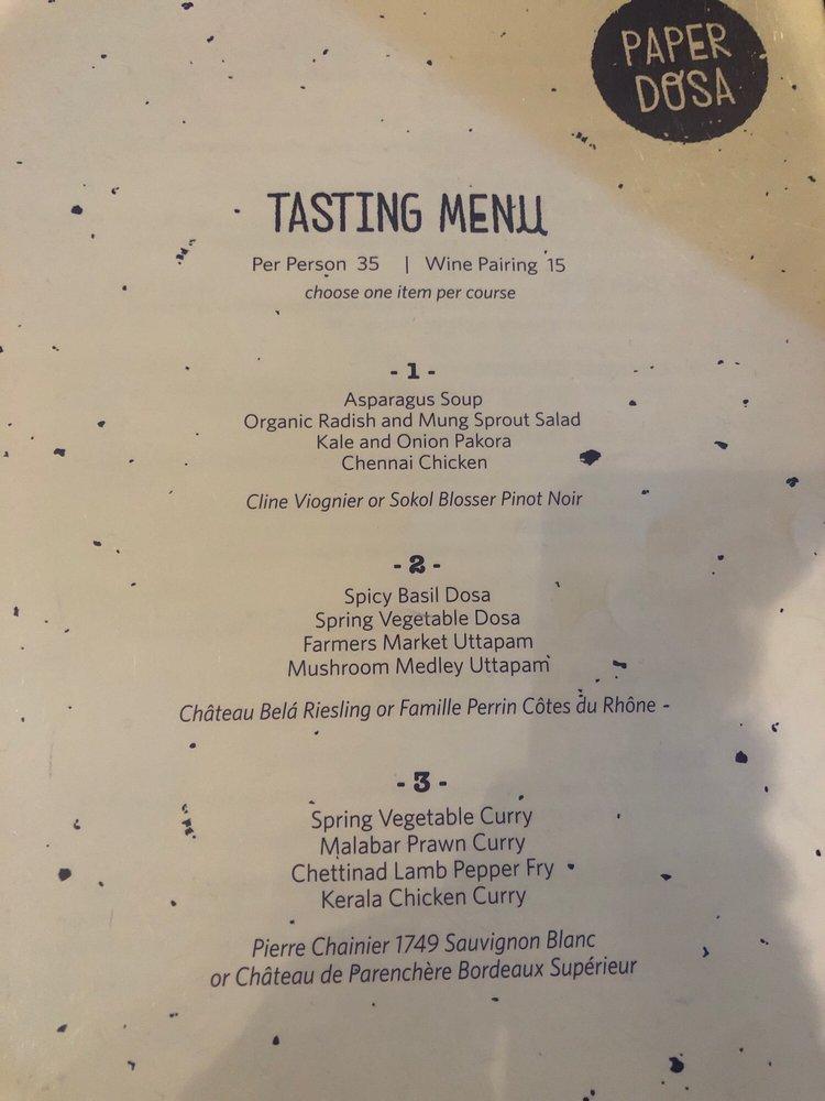 Menu at Paper Dosa restaurant, Santa Fe