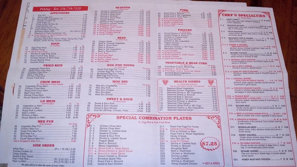 Menu at Peking restaurant, Cullman