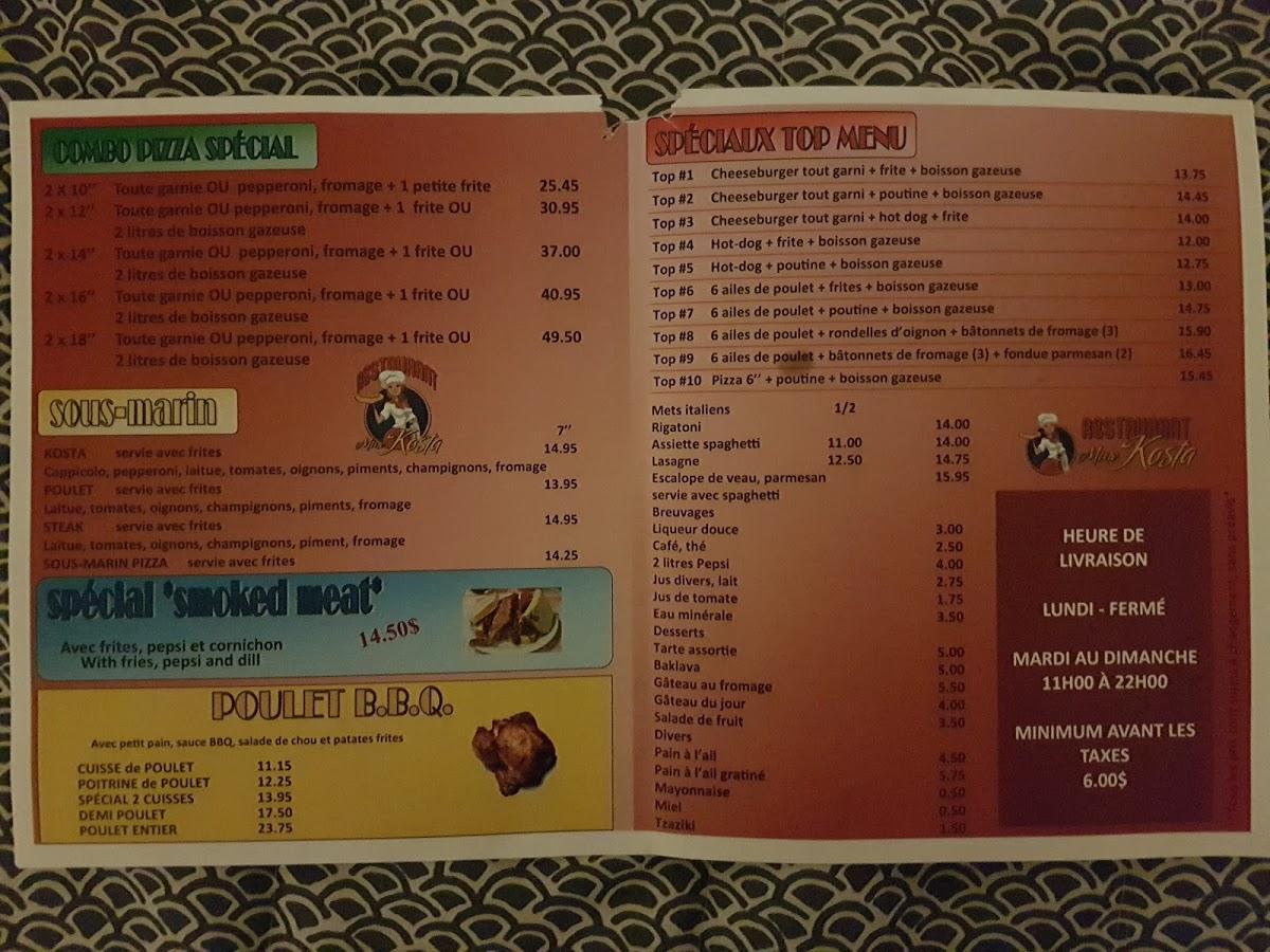 Menu au Restaurant madame Kosta, Val-d'Or