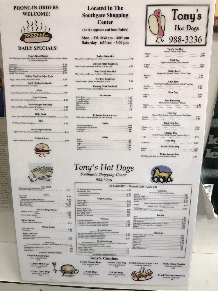 Menu at Tony's Hot Dogs restaurant, Birmingham