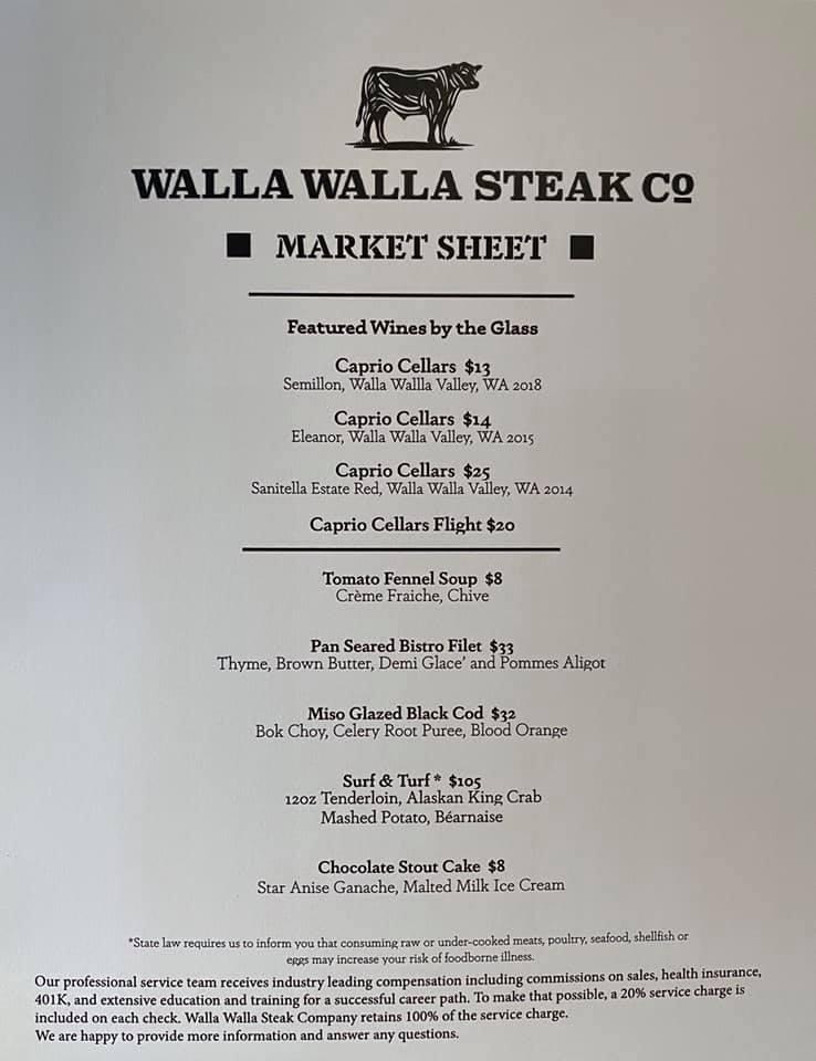 Menu at Walla Walla Steak Company steakhouse, Walla Walla
