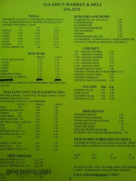 Menu at Allard's Market & Deli pizzeria, North Berwick