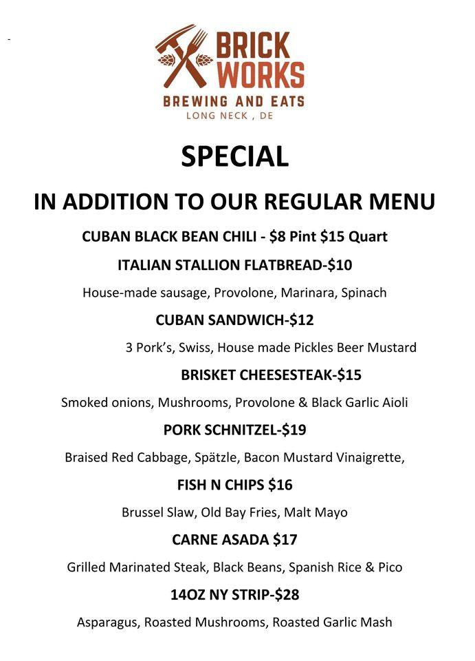 Menu at Brick Works Brewing and Eats - Long Neck pub & bar, Long Neck