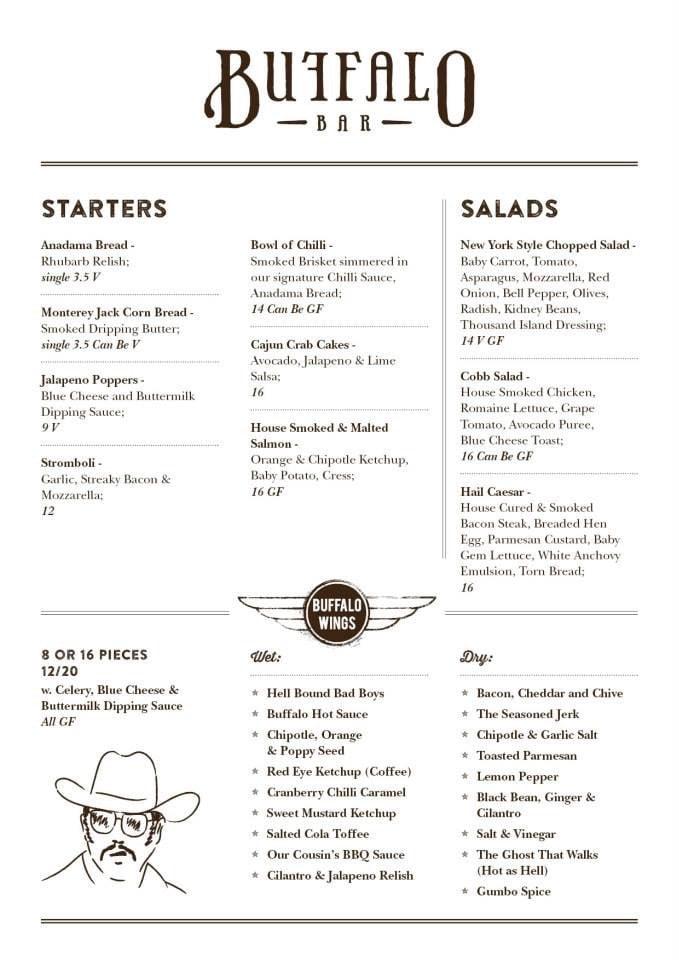 Menu at Buffalo Bar, Brisbane City