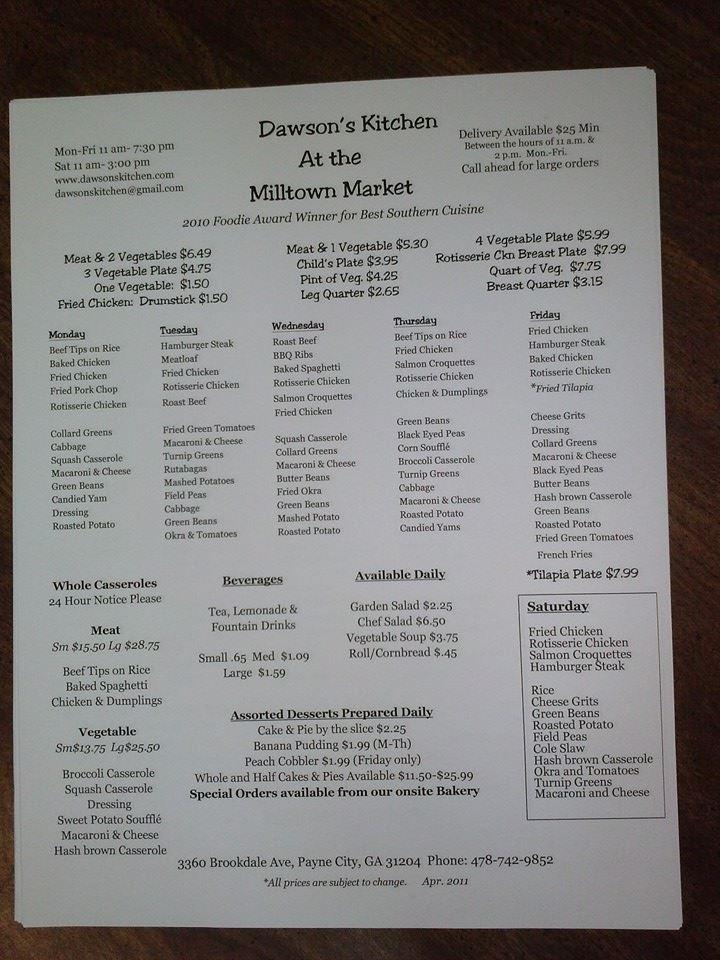 Menu at Dawson's Kitchen restaurant, Macon