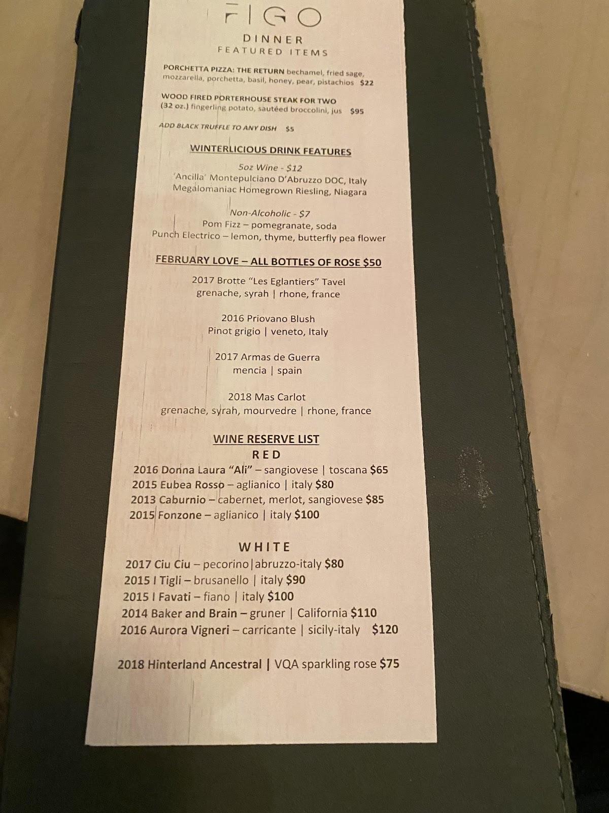 Menu at Figo Toronto restaurant, Toronto