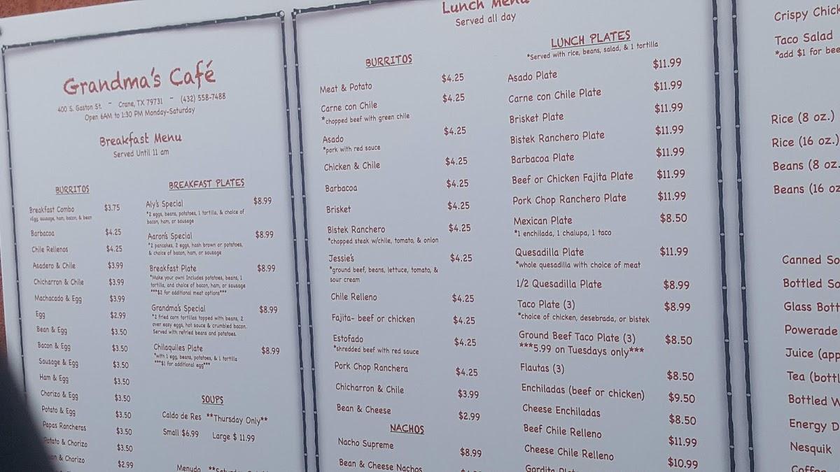Menu at Grandma's Cafe, Crane