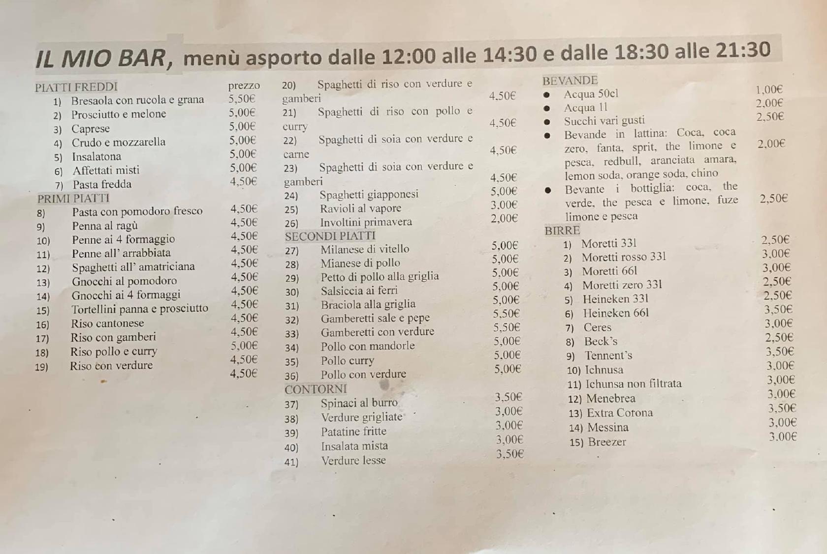 Menu da Il Mio Bar, Torino, Corso Regina Margherita