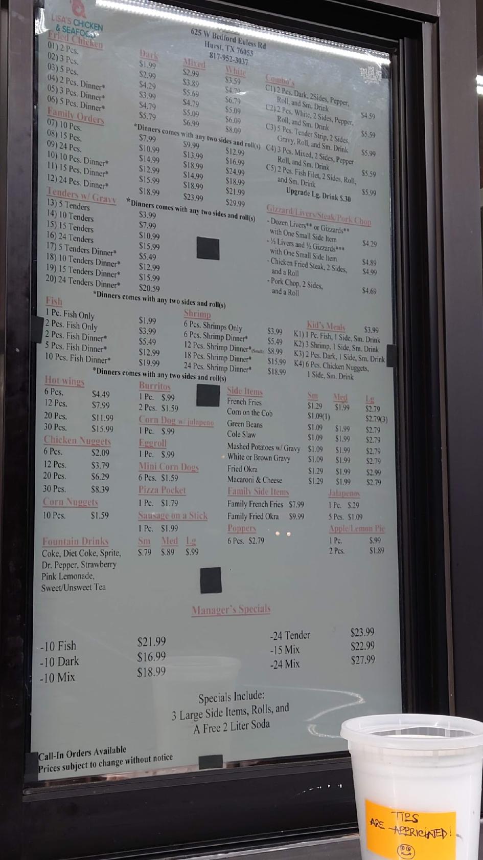 Menu at Lisa's Chicken #23 restaurant, Hurst, 625 W Bedford Euless Rd