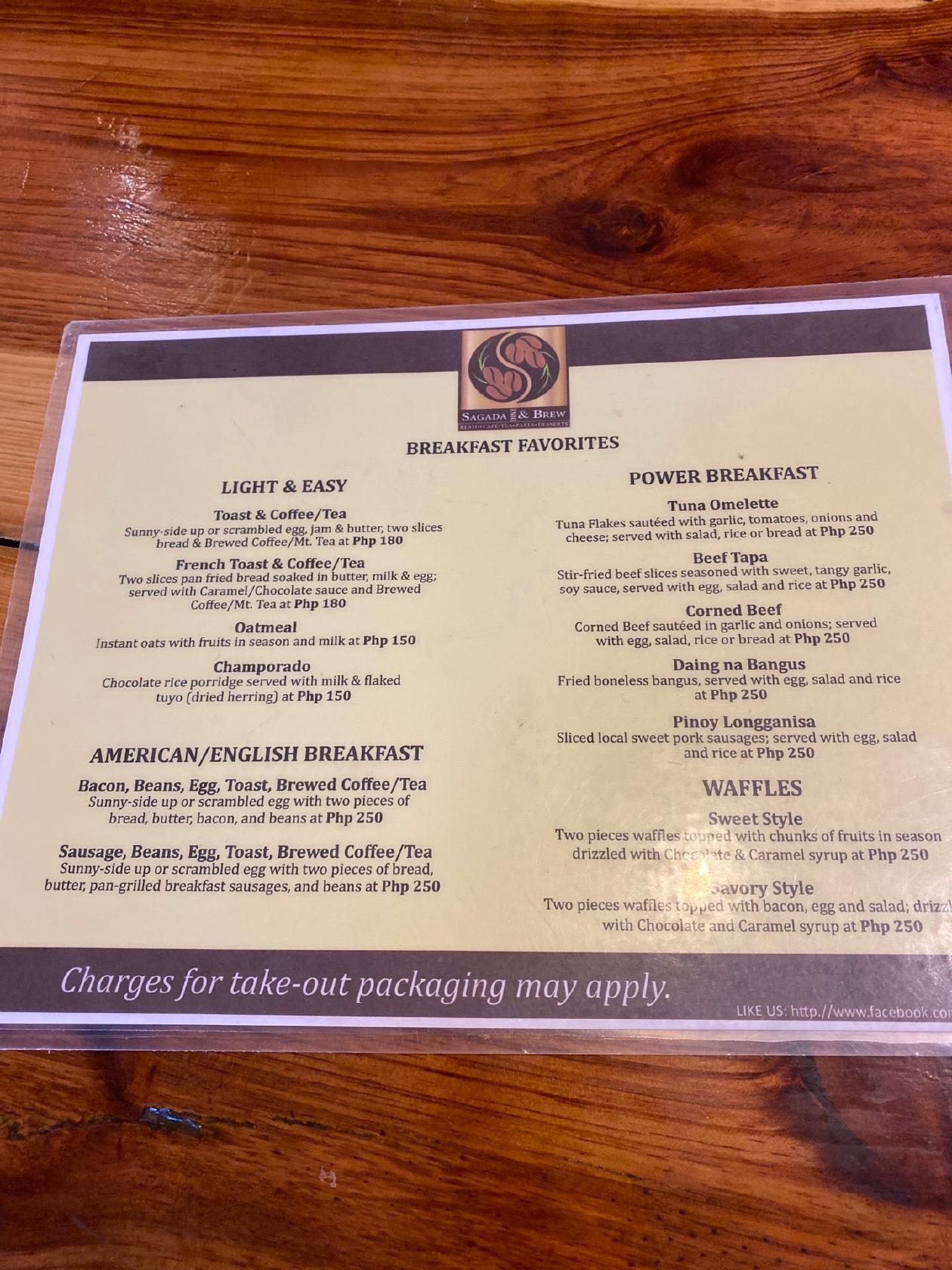 Menu at Sagada Brew restaurant, Sagada, 3WH2+95J
