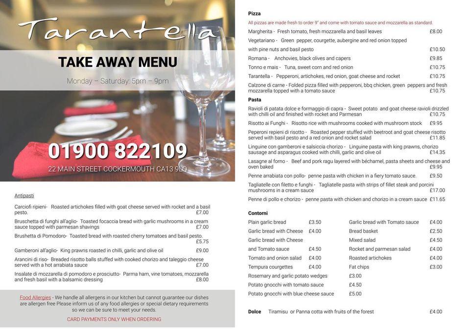 Menu at Tarantella restaurant, Cockermouth