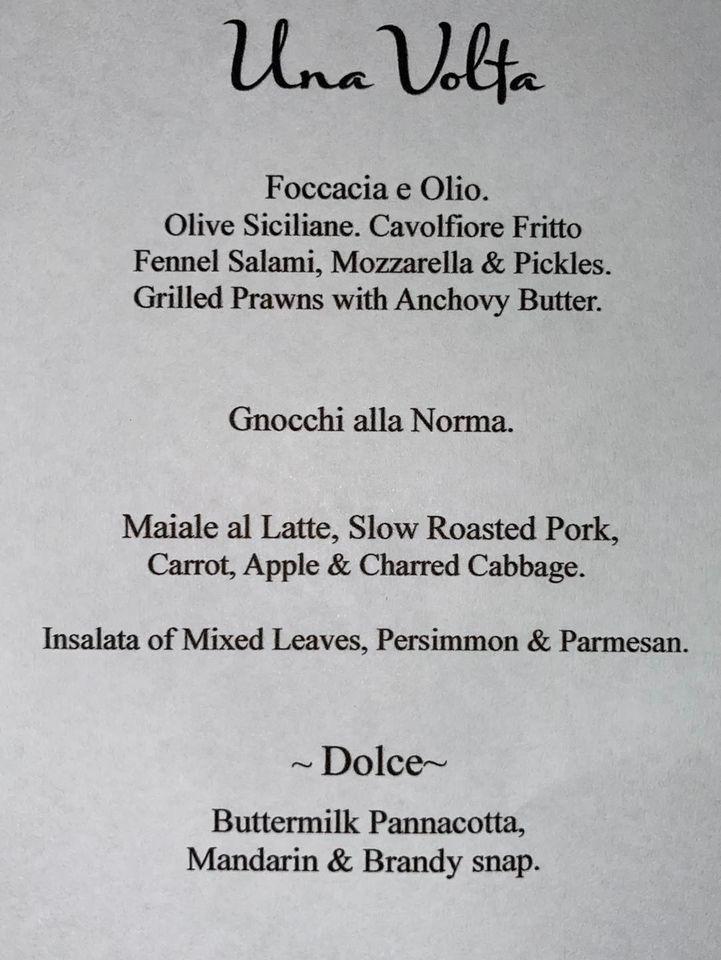 Menu at Una Volta restaurant, Newcastle