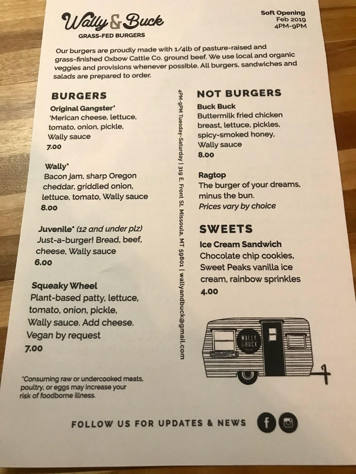 Menu at Wally and Buck pub & bar, Missoula, 319 E Front St