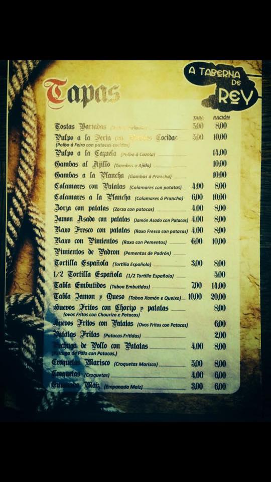 Carta del restaurante A Taberna del Rey, Barro, Lugar del contestar de