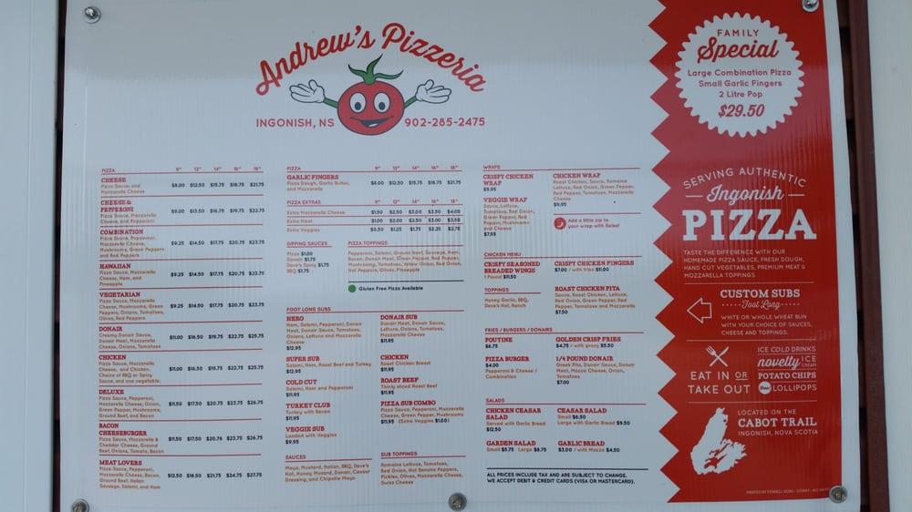 Menu at Andrew's Pizzeria, Ingonish Beach