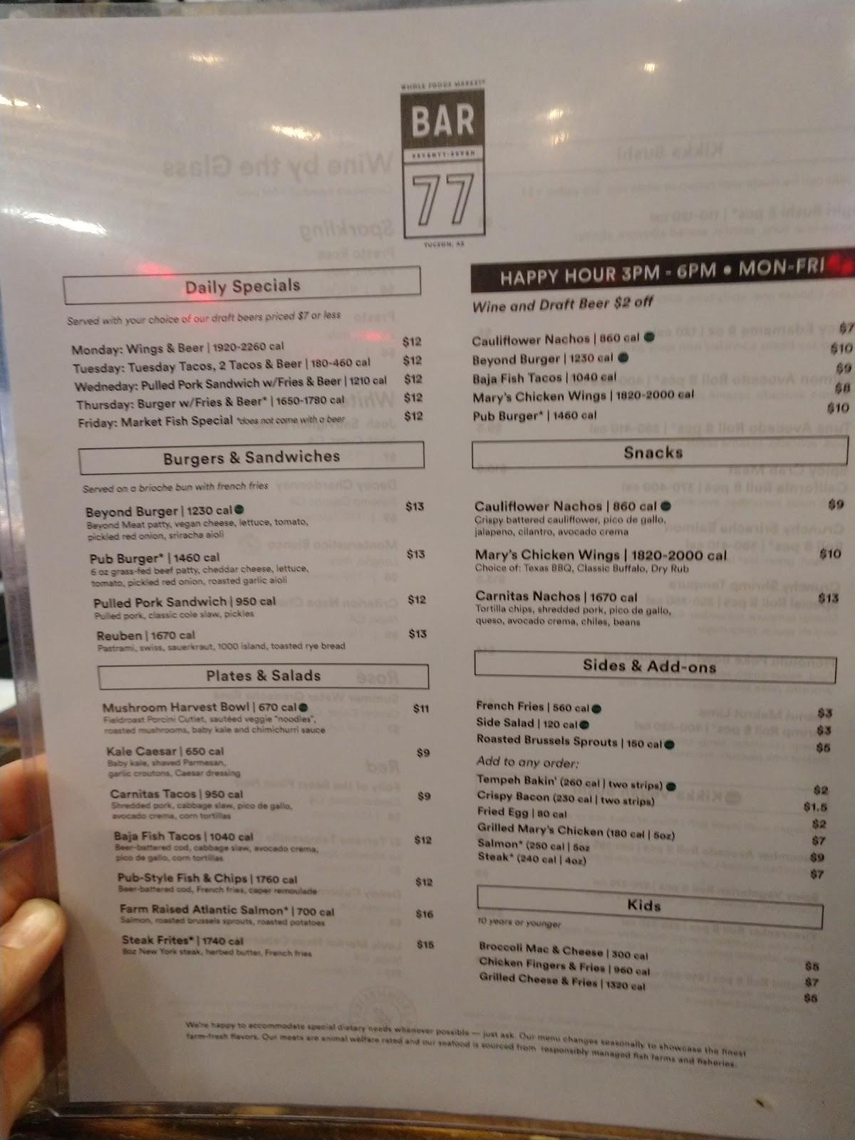 Menu at Bar 77, Tucson, N Oracle Rd