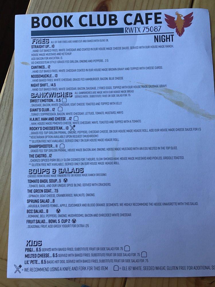 Menu at Book Club Cafe, Rockwall