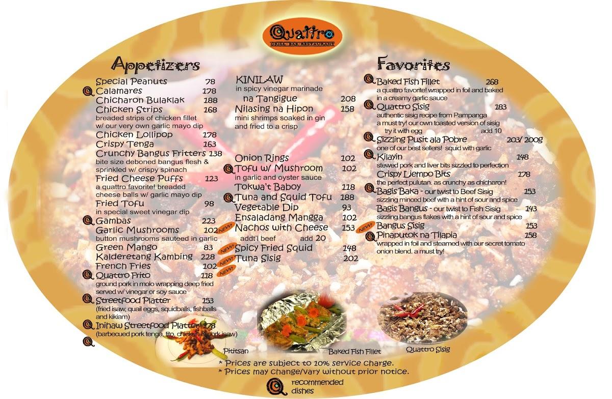 Menu at Quattro Grill Bar and Restaurant, Quezon City
