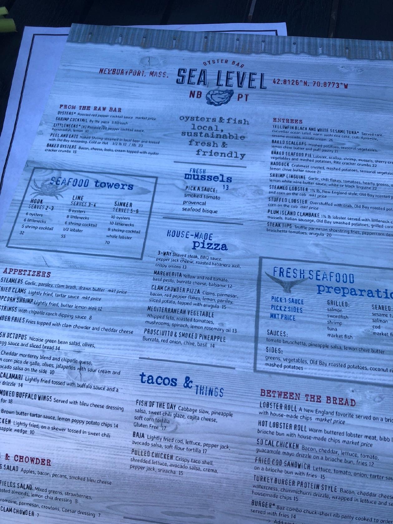 Menu at Sea Level Oyster Bar NBPT, Newburyport