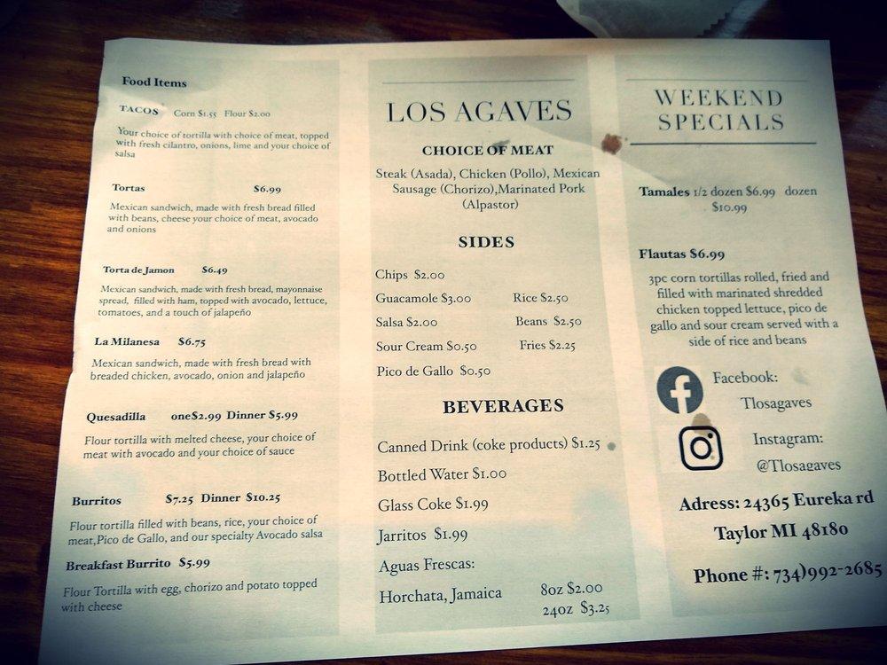 Menu at Taqueria Los Agaves restaurant, Taylor