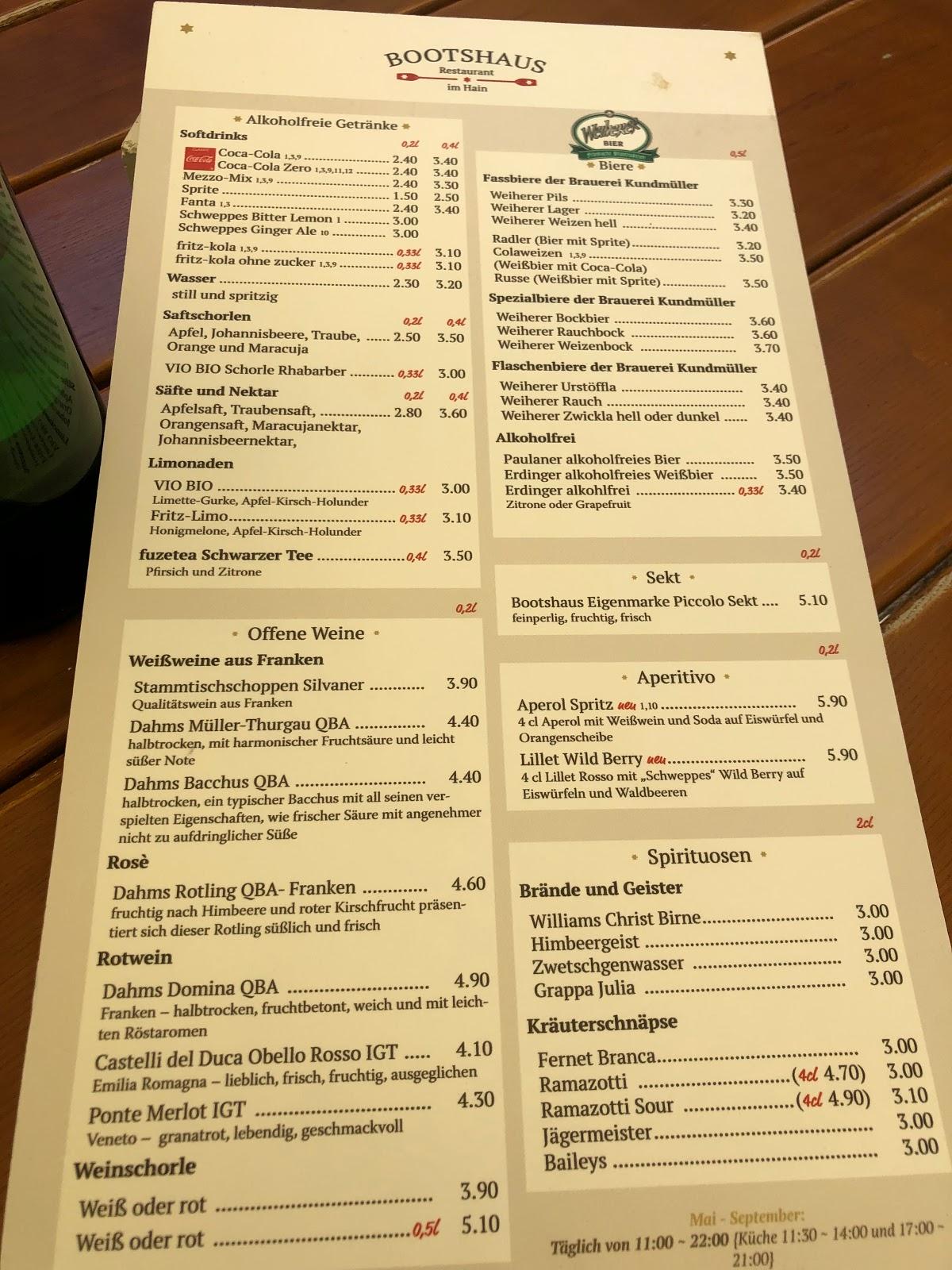 Speisekarte von Bootshaus Restaurant im Hain, Bamberg