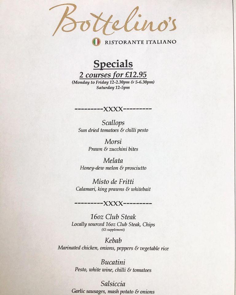 Menu at Bottelino's restaurant, Portishead, Harbour Rd