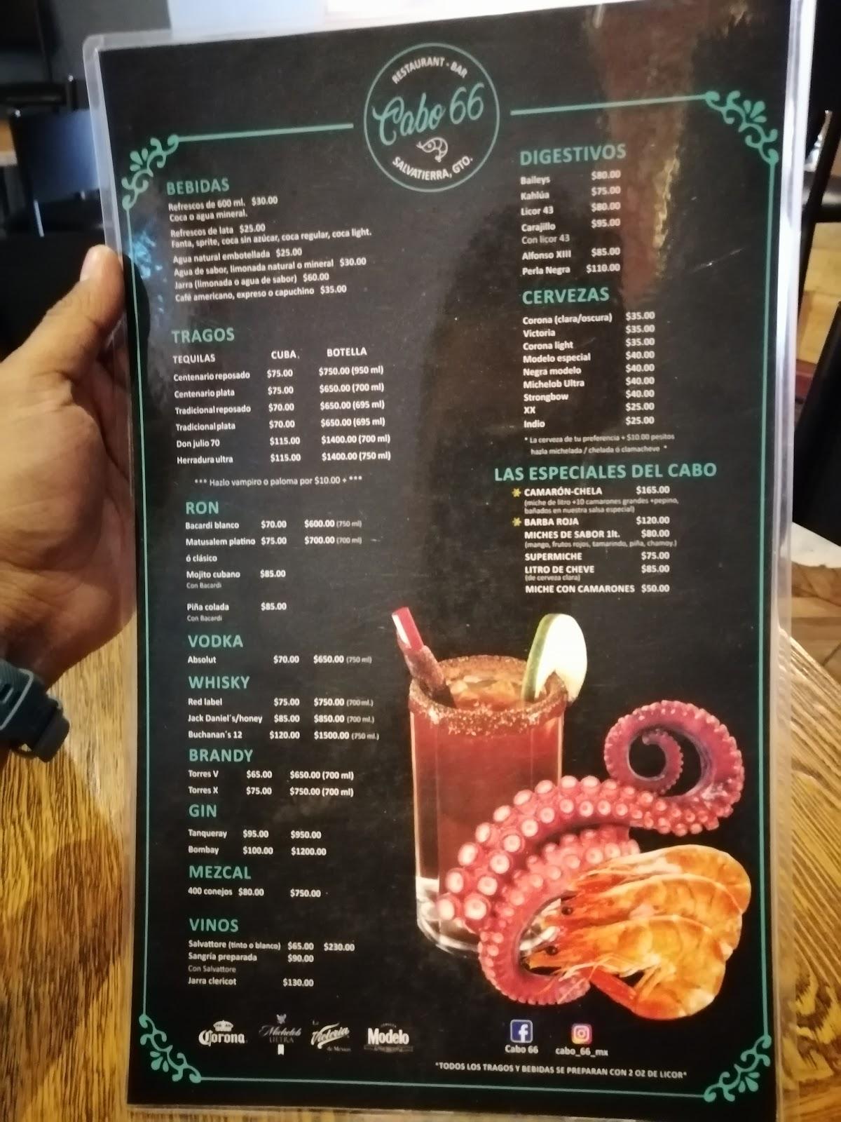 Menu at Cabo 66 restaurant, Salvatierra
