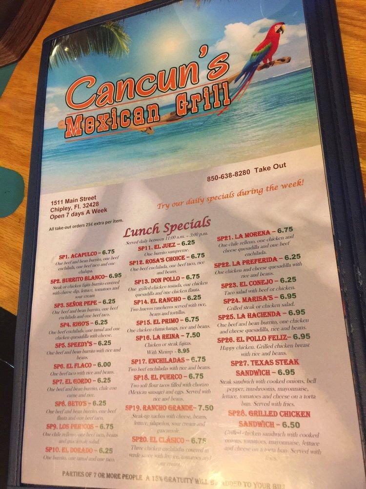 Menu at Cancun's Mexican Grill restaurant, Chipley