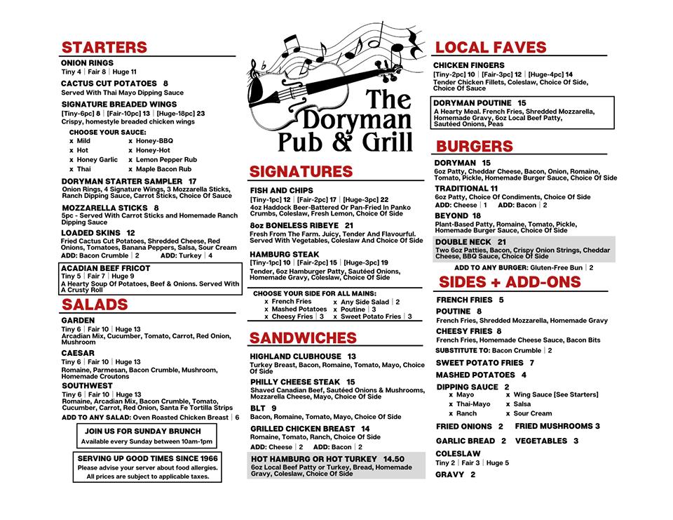 Menu at The Doryman Pub and Grill, Chéticamp