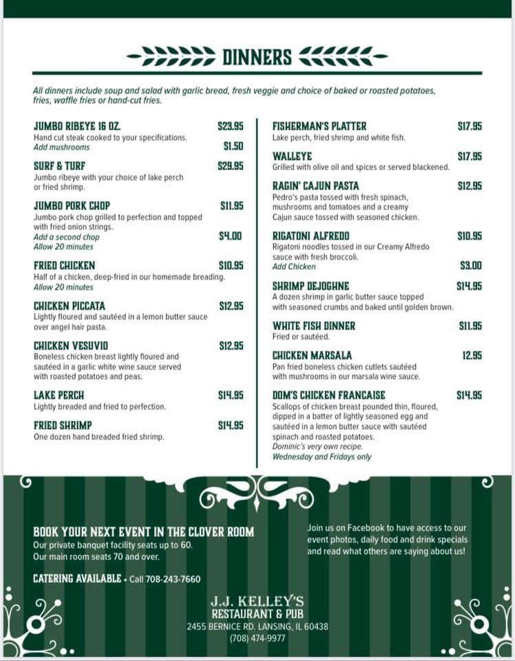 Menu at Jj Kelley's pub & bar, Lansing