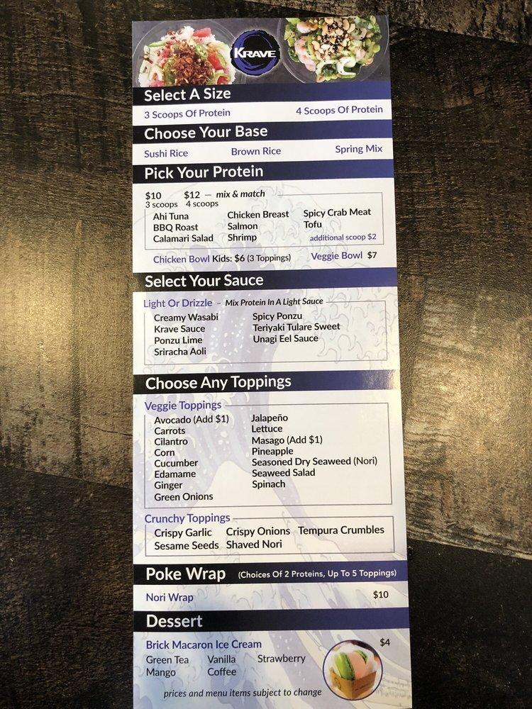 Menu at Krave restaurant, Tulare