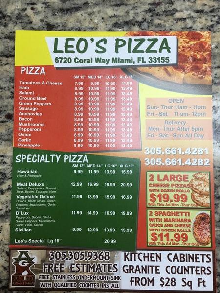 Menu at Leo's Pizza pizzeria, Miami