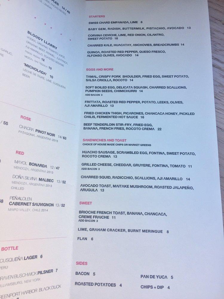Menu at Llama Inn pub & bar, New York City, 50 Withers St
