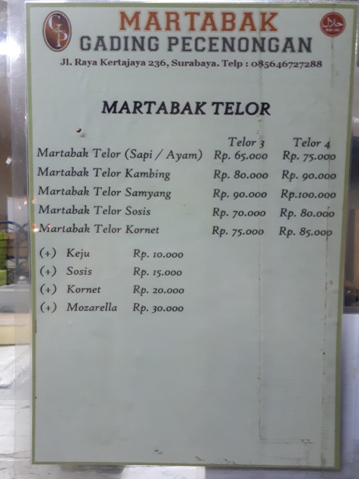 Menu at Martabak Gading Pecenongan, Surabaya, Jl. Margorejo Indah No.10