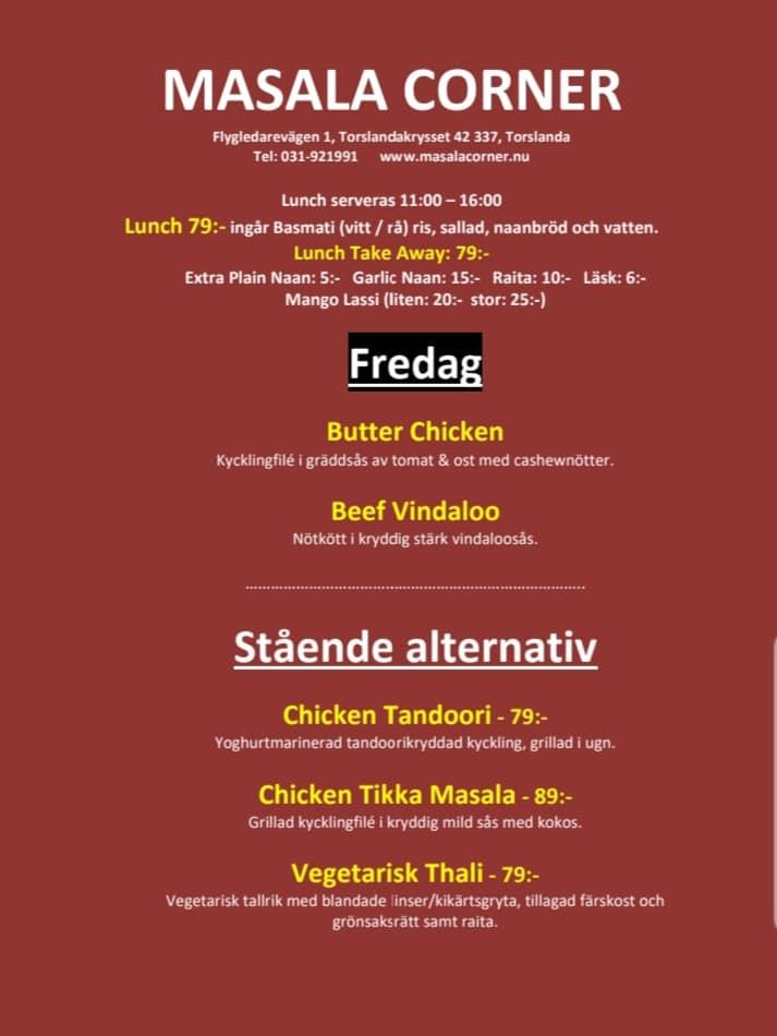 Menu at Masala Corner restaurant, Kvisljungeby