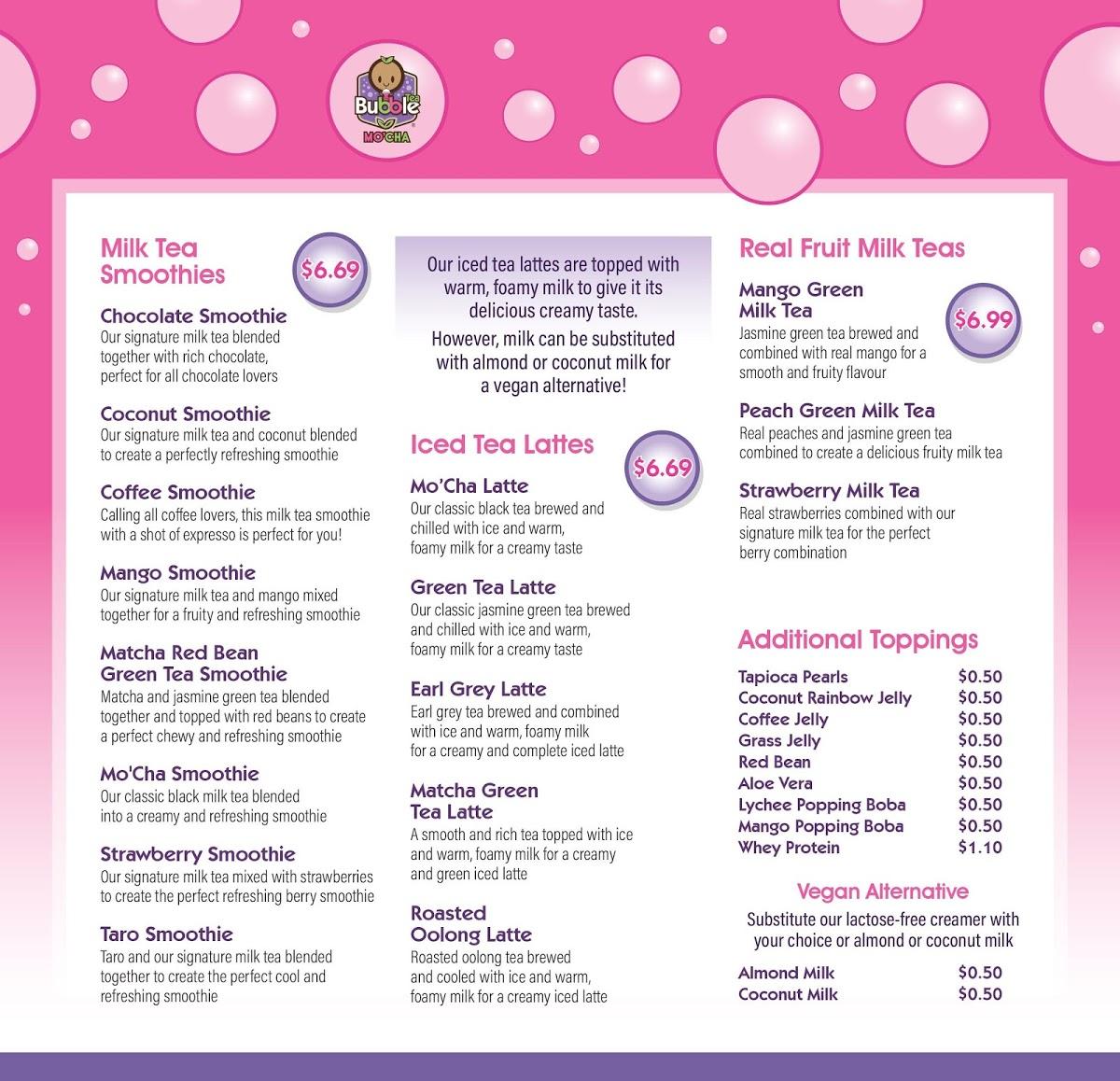 Menu at Mo'Cha Bubble Tea -LMR restaurant, Sarnia