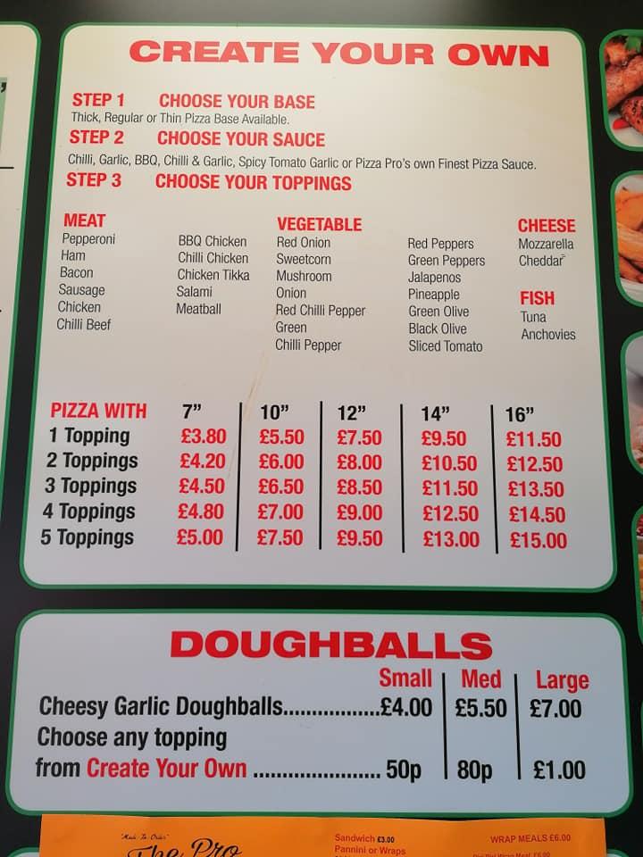 Menu at Pizza Pro oldpark restaurant, Belfast