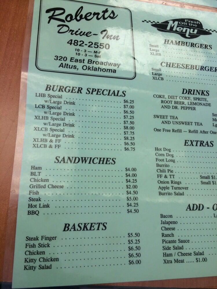 Menu at Roberts Drive-Inn restaurant, Altus
