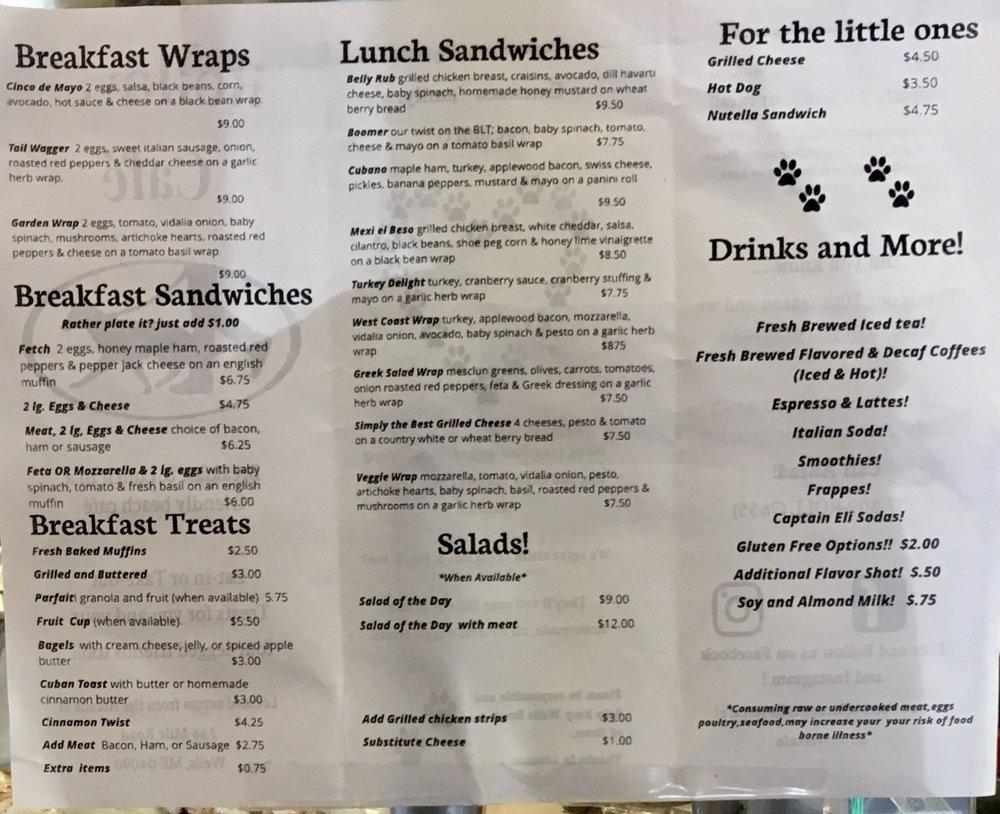 Menu at Rollover Cafe, Wells