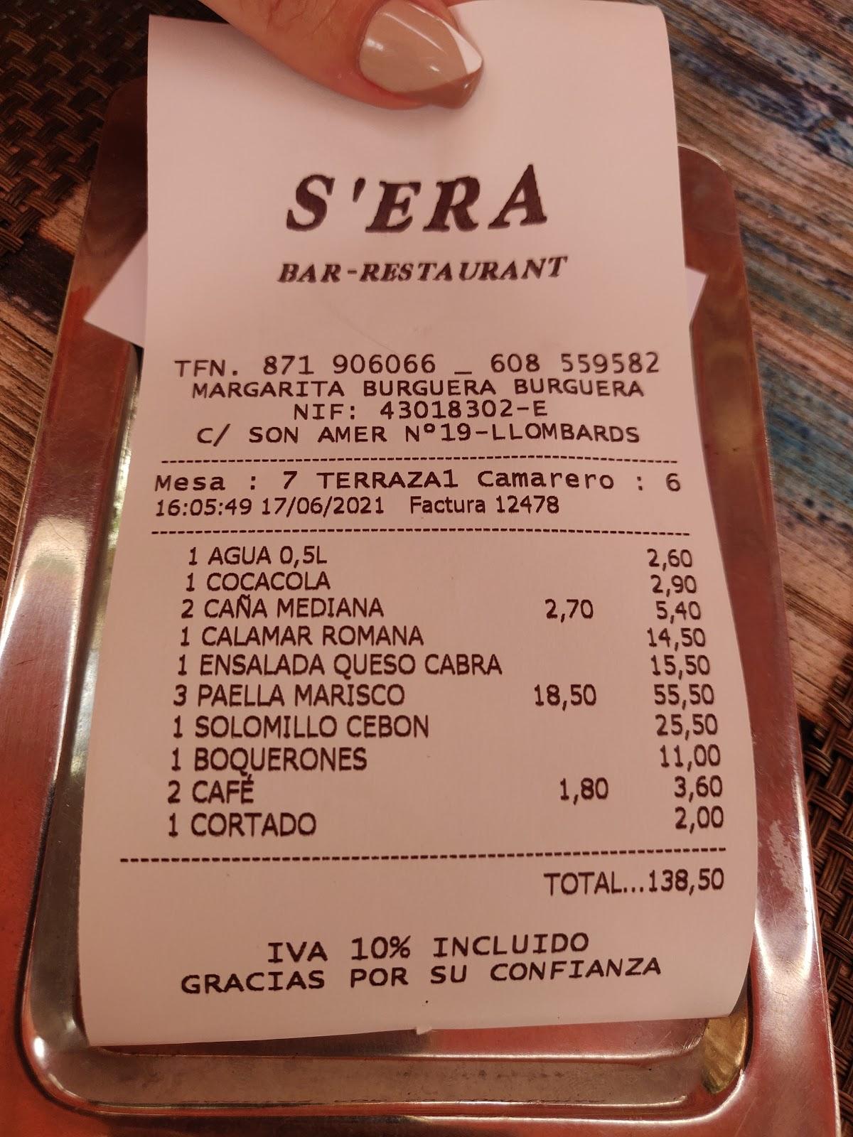 Menu at S'era Restaurant, Es Llombards