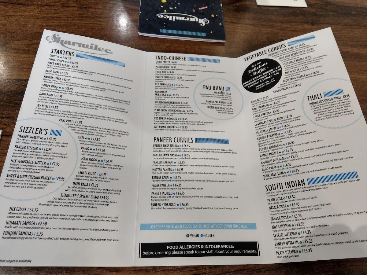 Menu at Sharmilee restaurant, Leicester