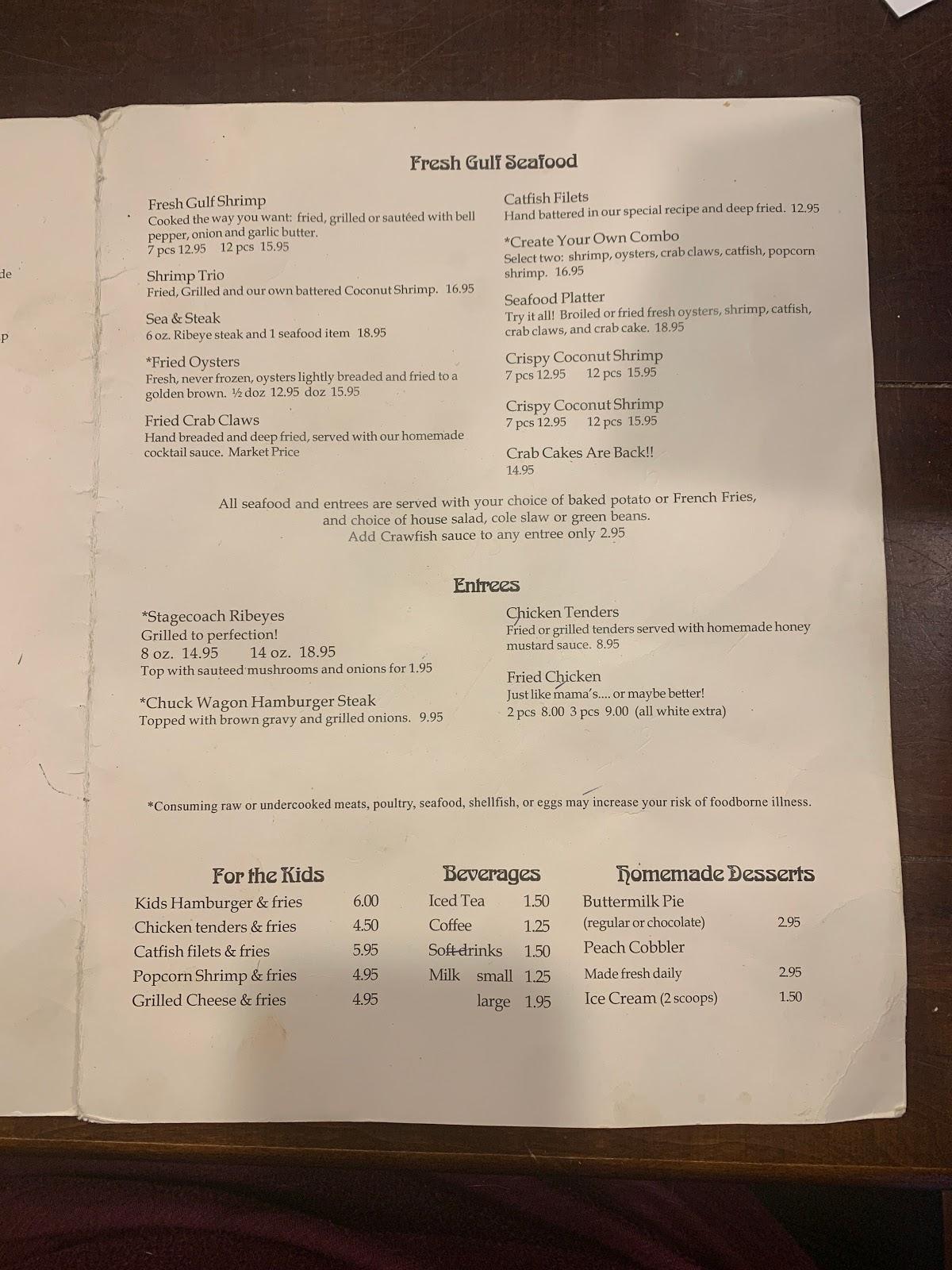 Menu at Stagecoach Cafe, USA, AL-59