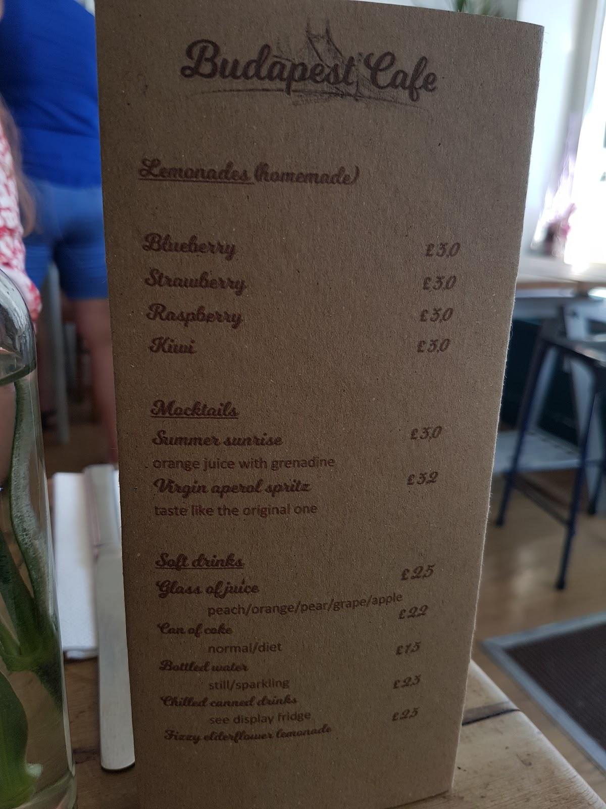 Menu at Budapest Cafe, Bristol